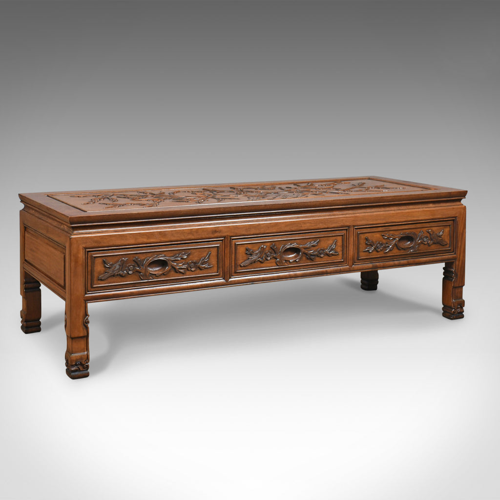 Vintage Chinese Coffee Table, Low, Three Drawer, Carved, Oriental Cabi ...