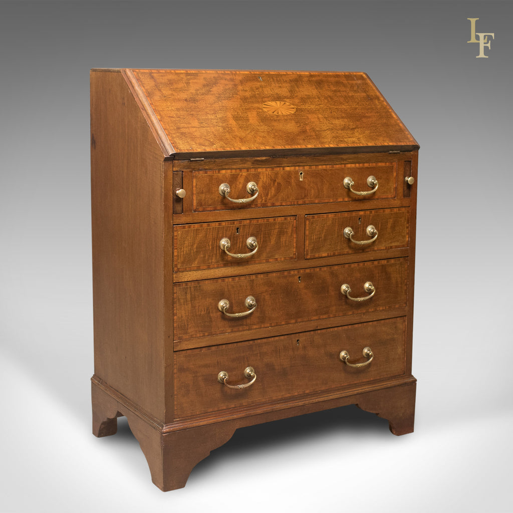 Edwardian Antique Bureau, Mahogany & Oak, English Desk with Secret Dra ...